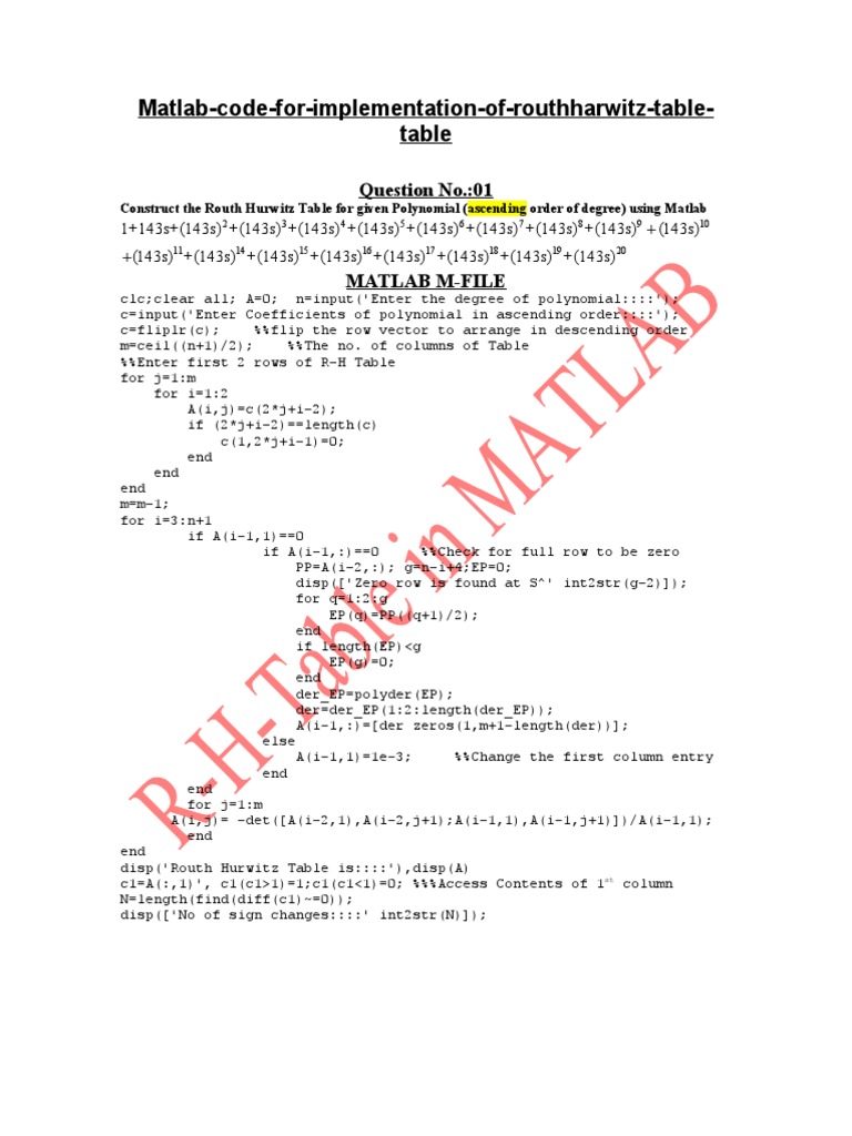 Matlab Code For Implementation Of Routh Harwitz Table Pdf Mathematics Of Computing