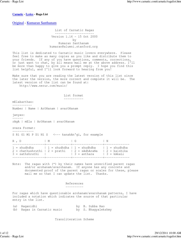 Carnatic - Raga List | PDF | Entertainment (General)