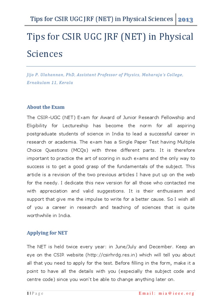Tips For CSIR NET For Physical Sciences | PDF | Solid State Physics ...