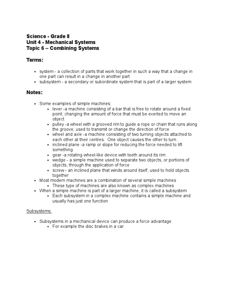 Science - Grade 8 Unit 4 - Mechanical Systems | PDF | Machines | Brake