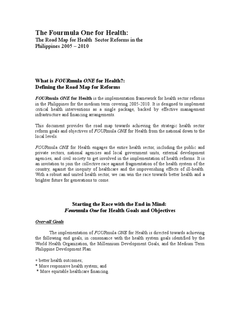The Fourmula One For Health (DOH) | PDF | Health System | Health Care