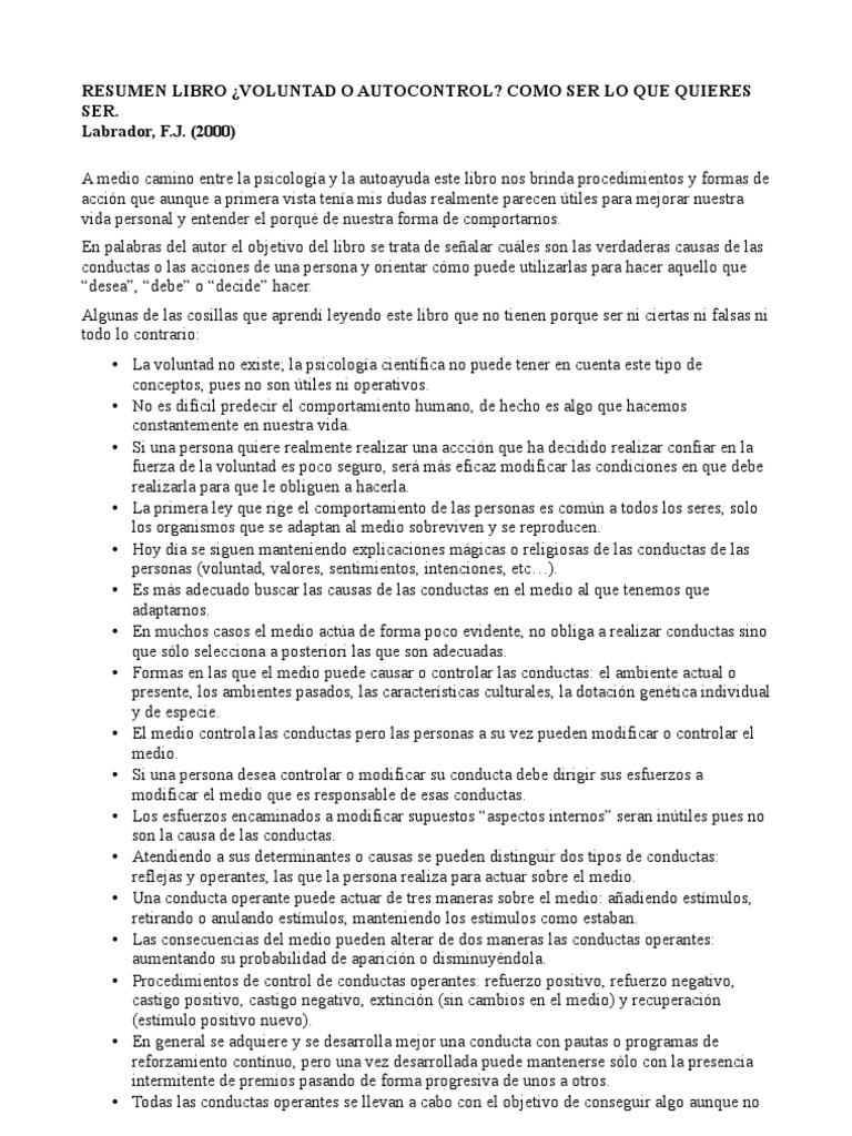 Resumen Libro Autocontrol | PDF | Comportamiento | Vida