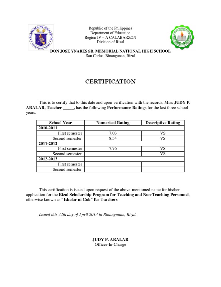 Certification of Performance Ratings | PDF