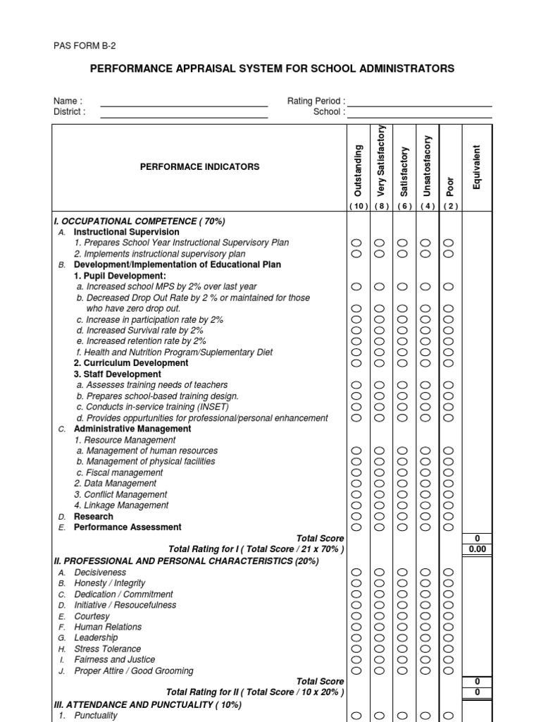 Performance Appraisal System For School Administrators: Pas Form B-2 ...