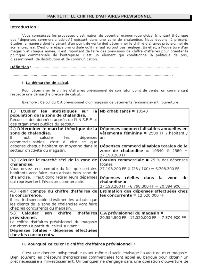 Calcul du Chiffre d'Affaires Prévisionnel | PDF | Commerce de détail ...