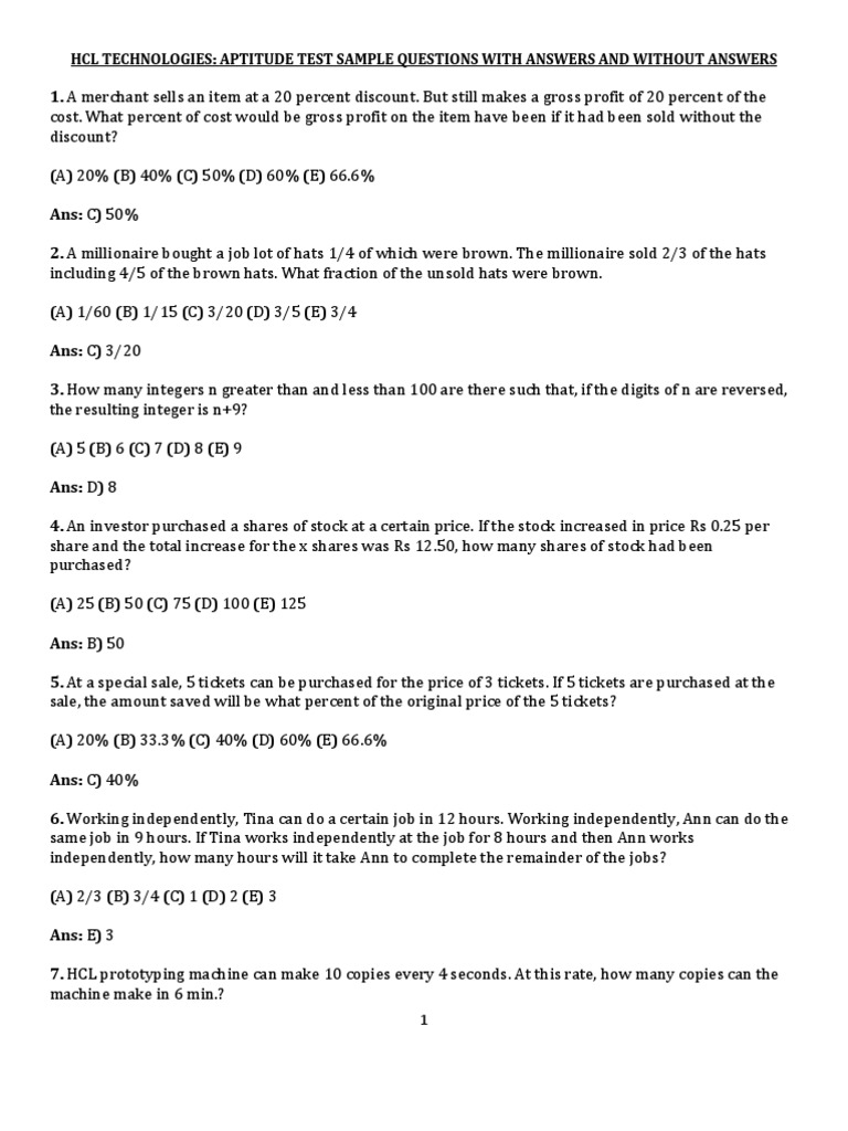 HCL Tech Aptitude Test Sample Questions With Answers | PDF | Table ...