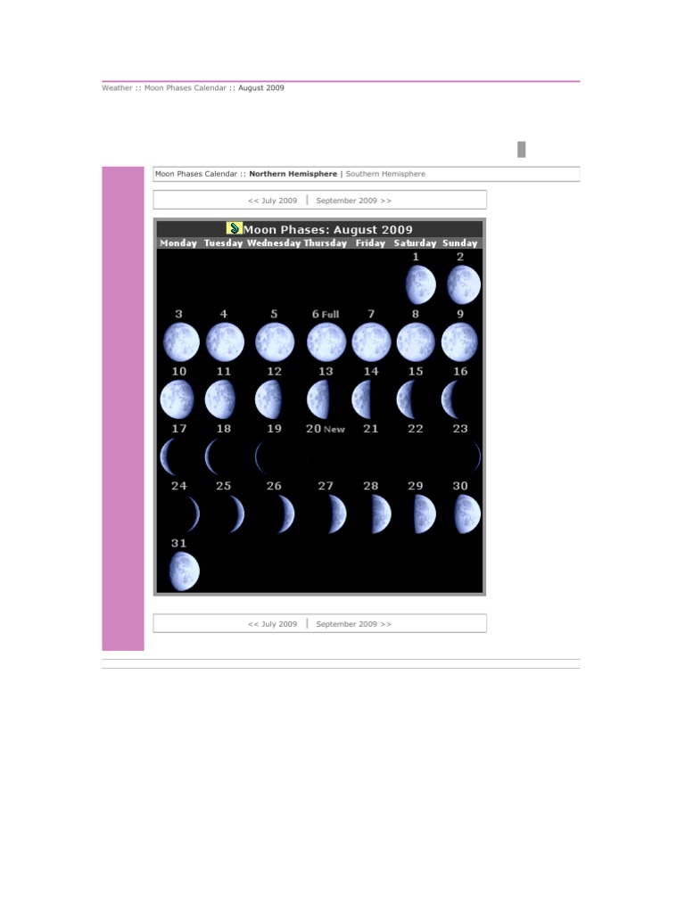 Moon Phases: August 2009: Monday Tuesday Wednesday Thursday Friday ...