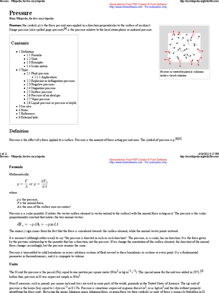 Pressure - Wikipedia, The Free Encyclopedia | PDF | Pressure ...