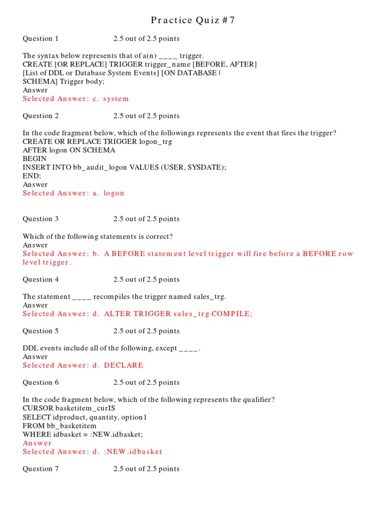 PL/SQL Practice Quizzes Final Exam | PDF | Pl/Sql | Sql