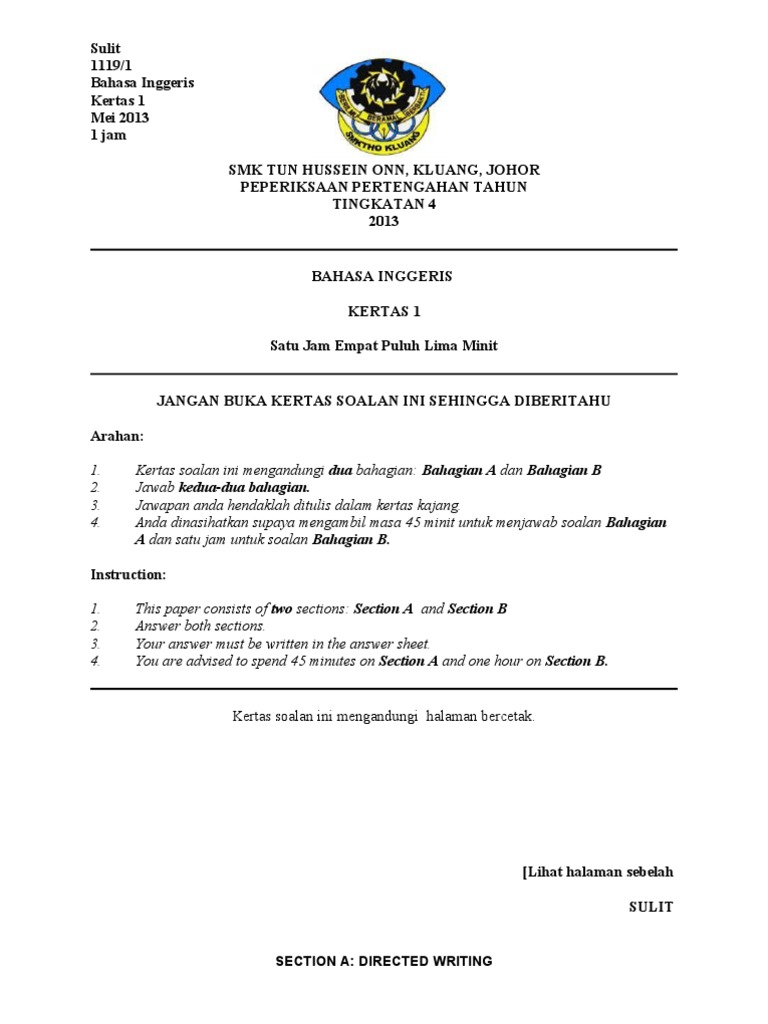 English Form 4 P1 | PDF | Test (Assessment) | Cognition
