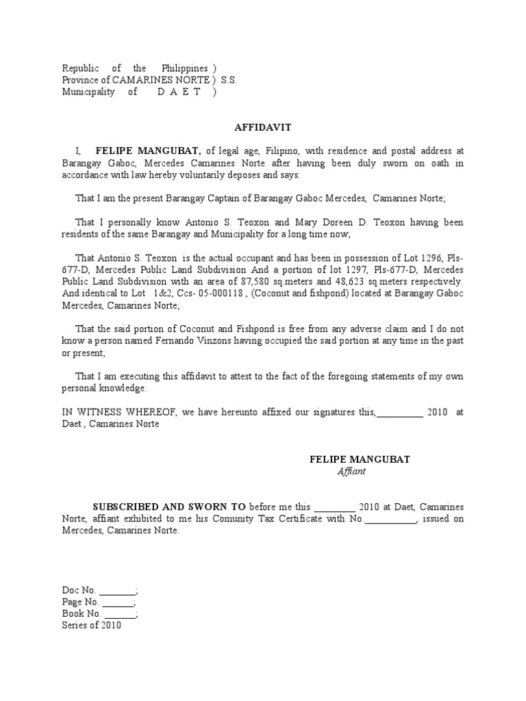 Affidavit BRgy, Captain X | PDF | Affidavit | Philippines