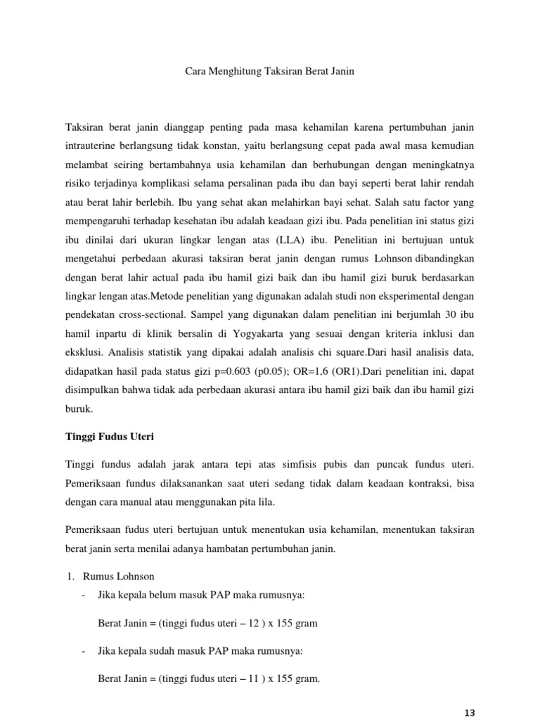 Cara Menghitung Taksiran Berat Janin | PDF
