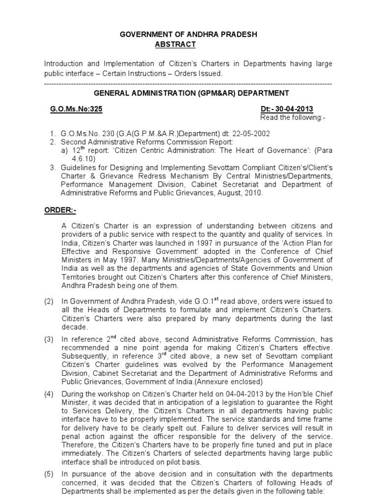 Introduction and Implementation of Citizen's Charters in Departments ...