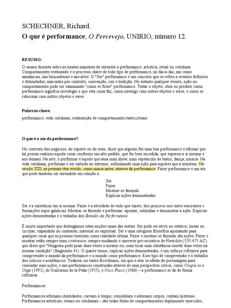 O Que É Performance - Schechner | PDF | Nudez | Artes Cênicas