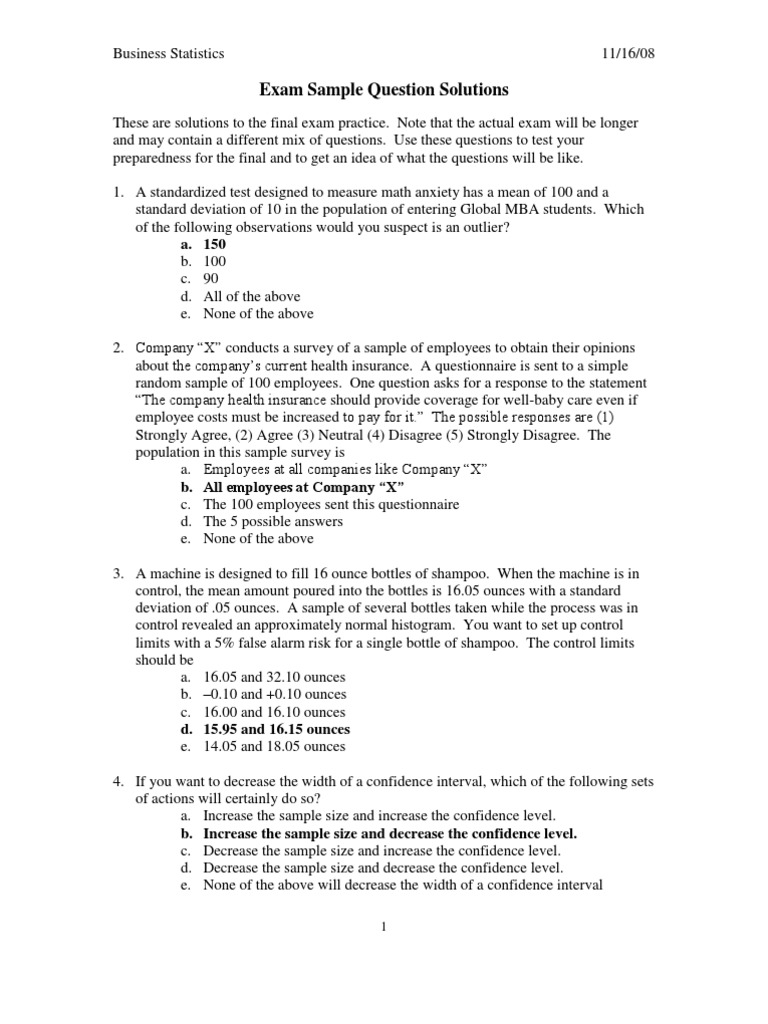 Business Statistics Exam Prep Solutions | PDF | Student's T Test ...