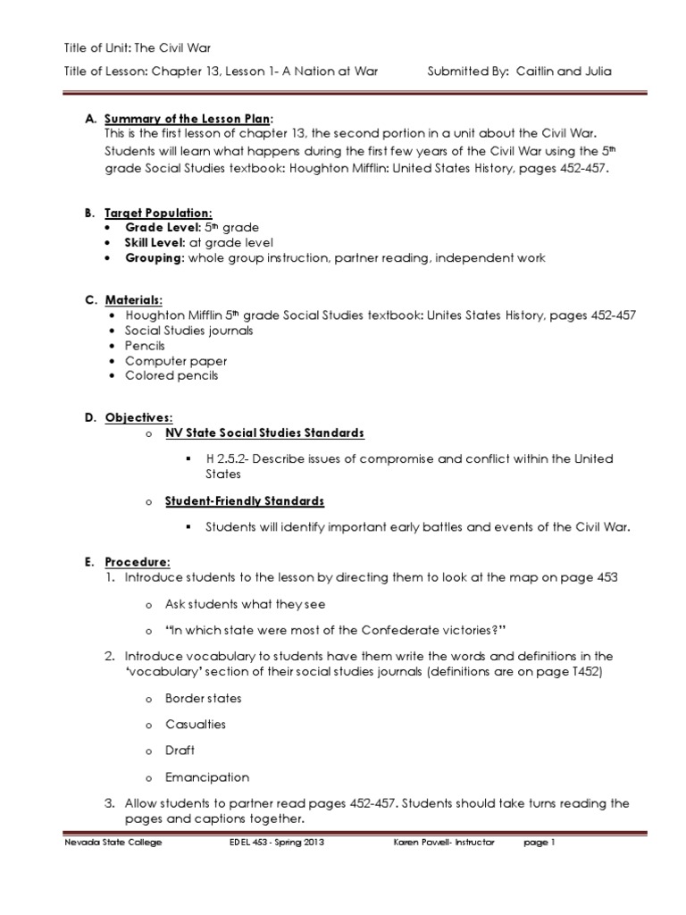 Civil War Lesson Plan for 5th Grade | PDF | American Civil War ...