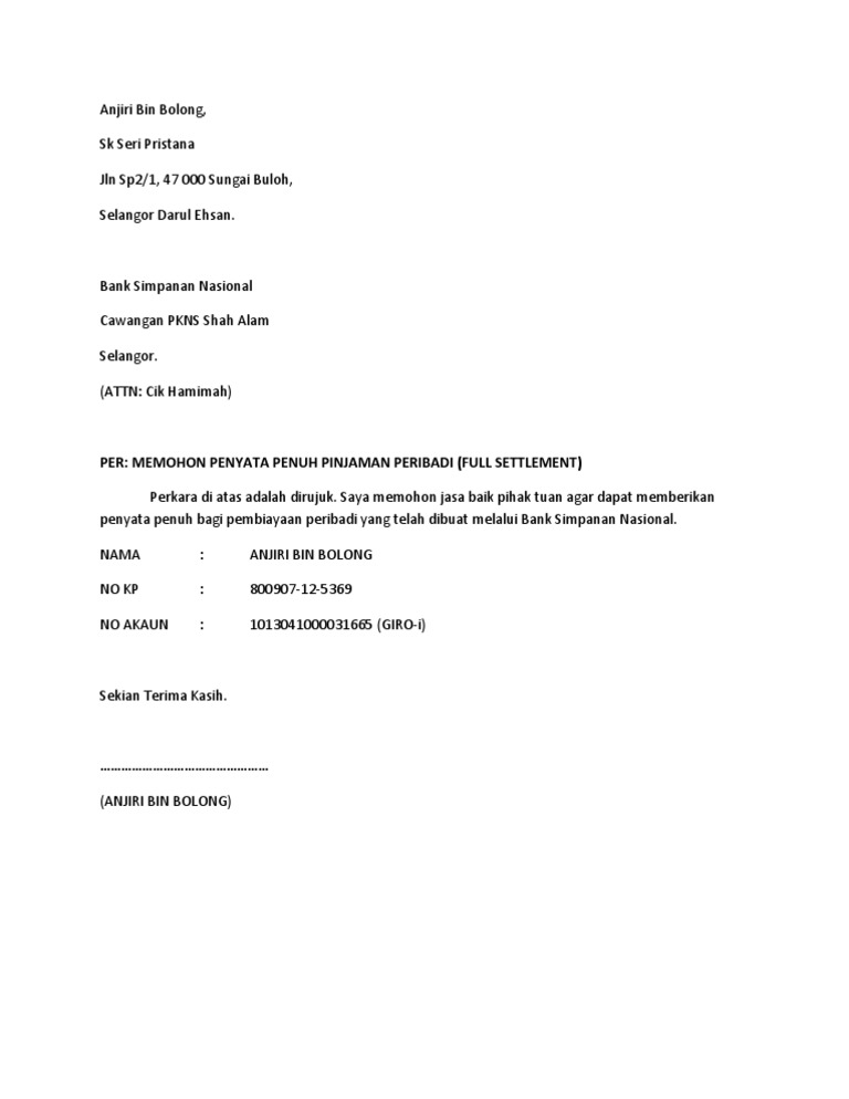 Contoh Surat Permohonan Settlement Rhb - historyploaty