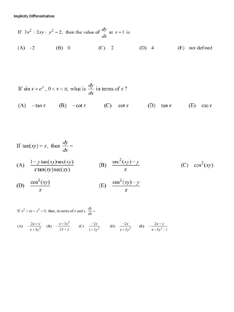 AP CALCULUS BC - MC - Implicit Differentiation | PDF