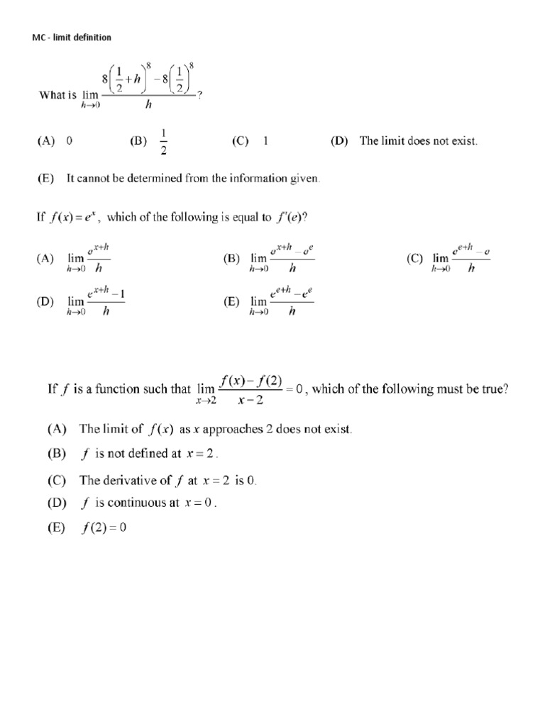 AP CALCULUS BC - MC - Limit Definition | PDF
