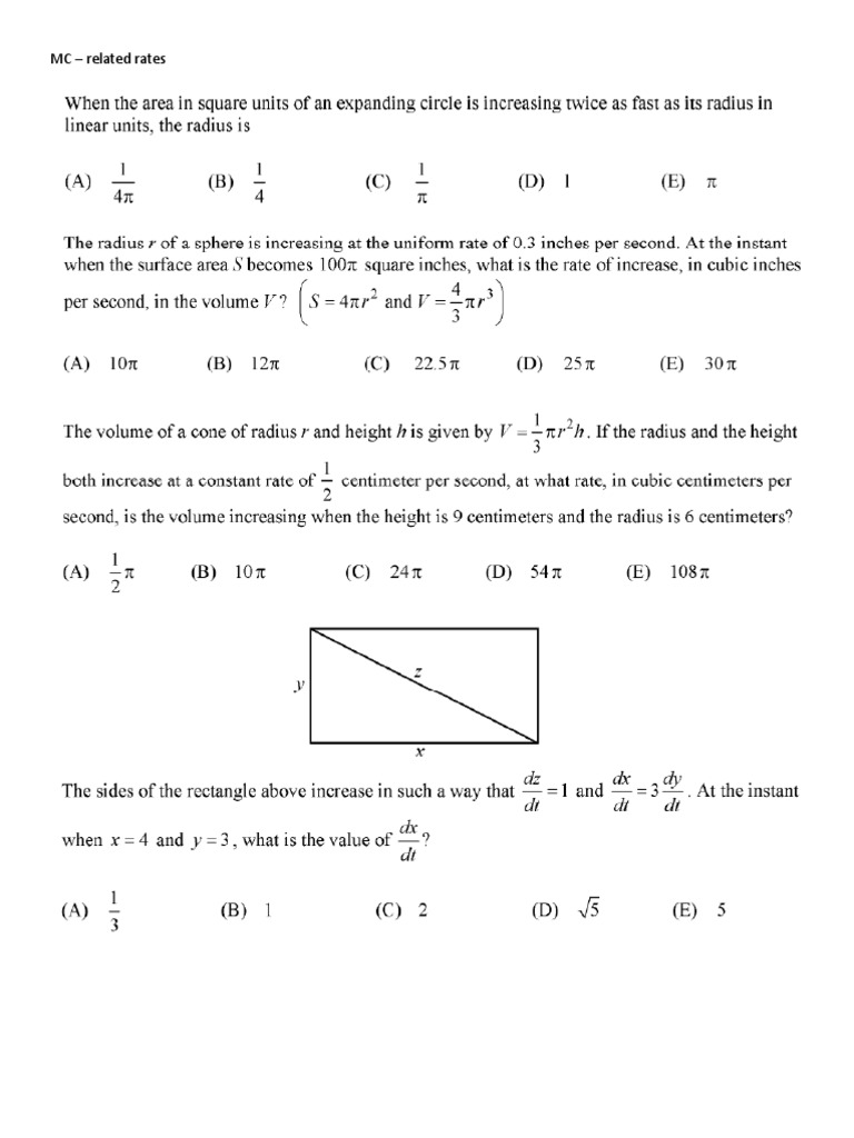 AP CALCULUS BC - MC - Related Rates | PDF | Advanced Placement | Calculus