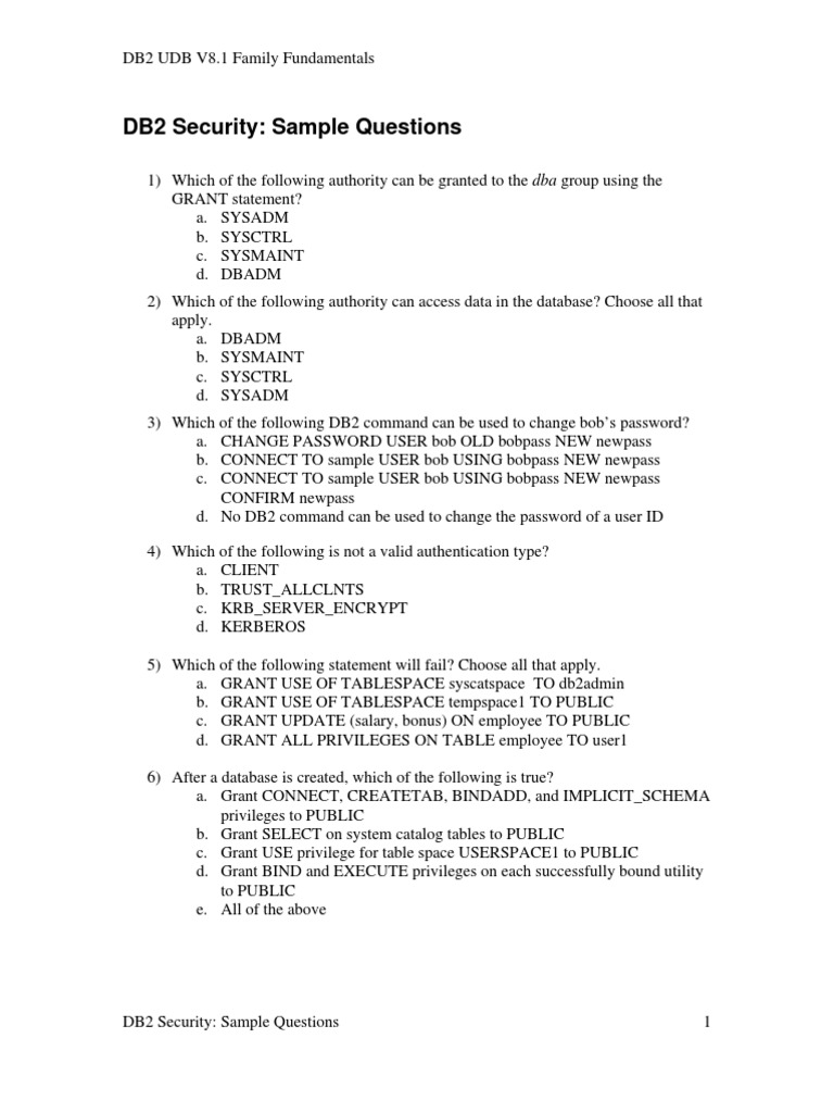 DB2 Security: Sample Questions | PDF | Ibm Db2 | Databases