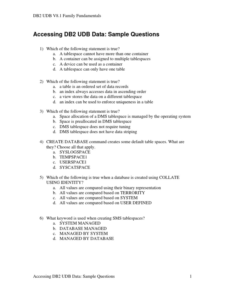 Accessing DB2 UDB Data: Sample Questions | PDF | Database Index | Ibm Db2