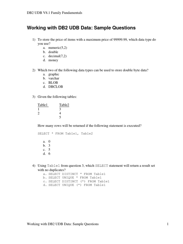 Working With DB2 UDB Data: Sample Questions: SELECT FROM Table1, Table2 | Download Free PDF ...