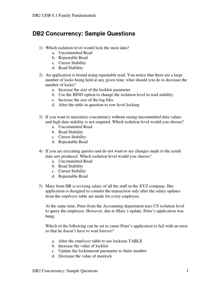 DB2 Concurrency: Sample Questions | PDF | Information Retrieval | Databases