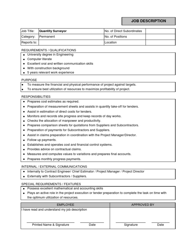 Quantity Surveyor Job Description | PDF