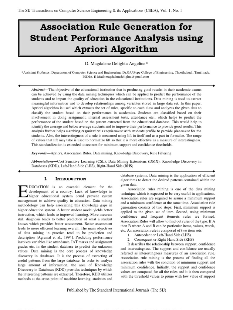Association Rule Generation For Student Performance Analysis Using Apriori Algorithm | PDF ...