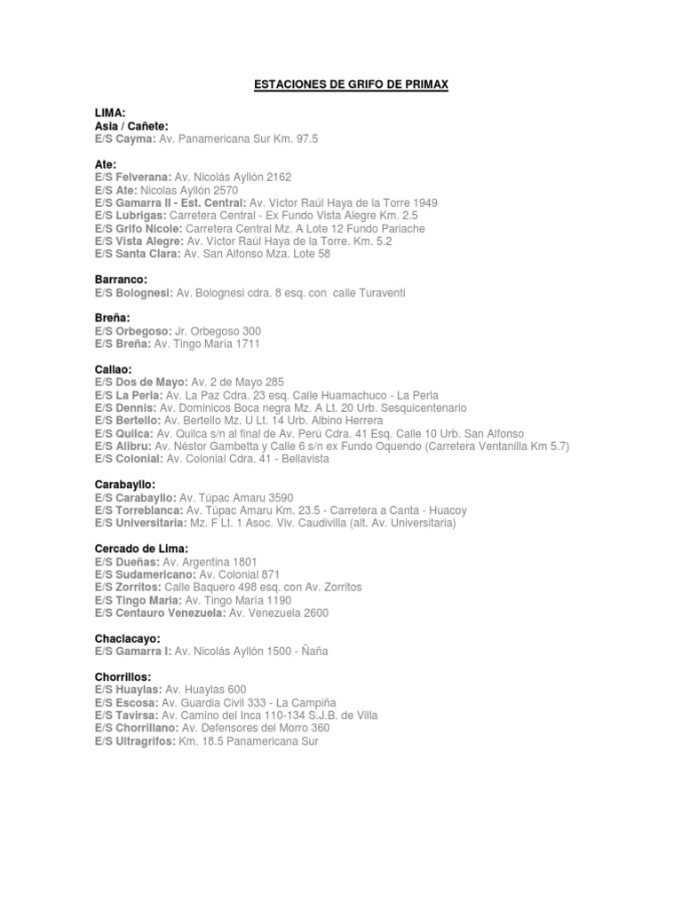 Estaciones de Grifo Primax | PDF | Lima | América del Sur