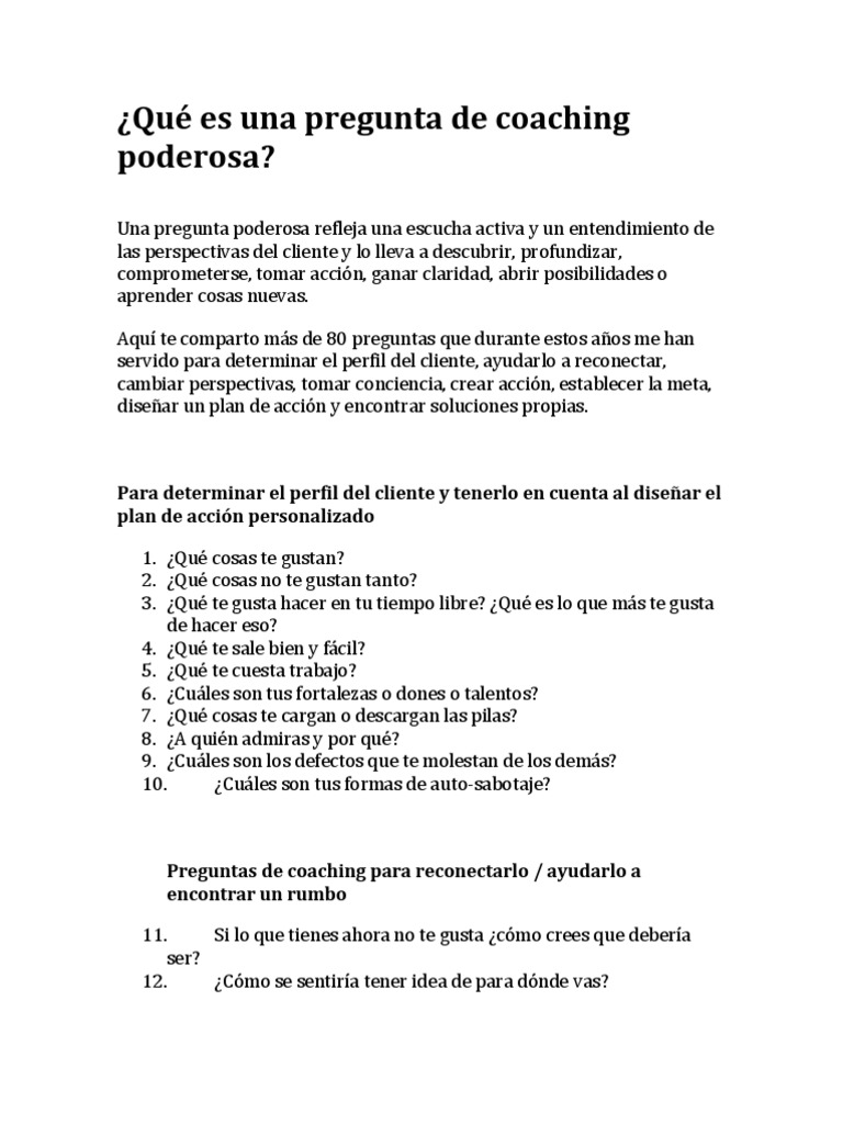 80 Ejemplos de Preguntas Poderosas en Coaching | PDF | Violencia ...