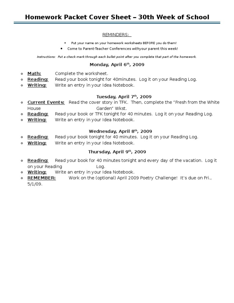 Homework Packet Cover Sheet | PDF