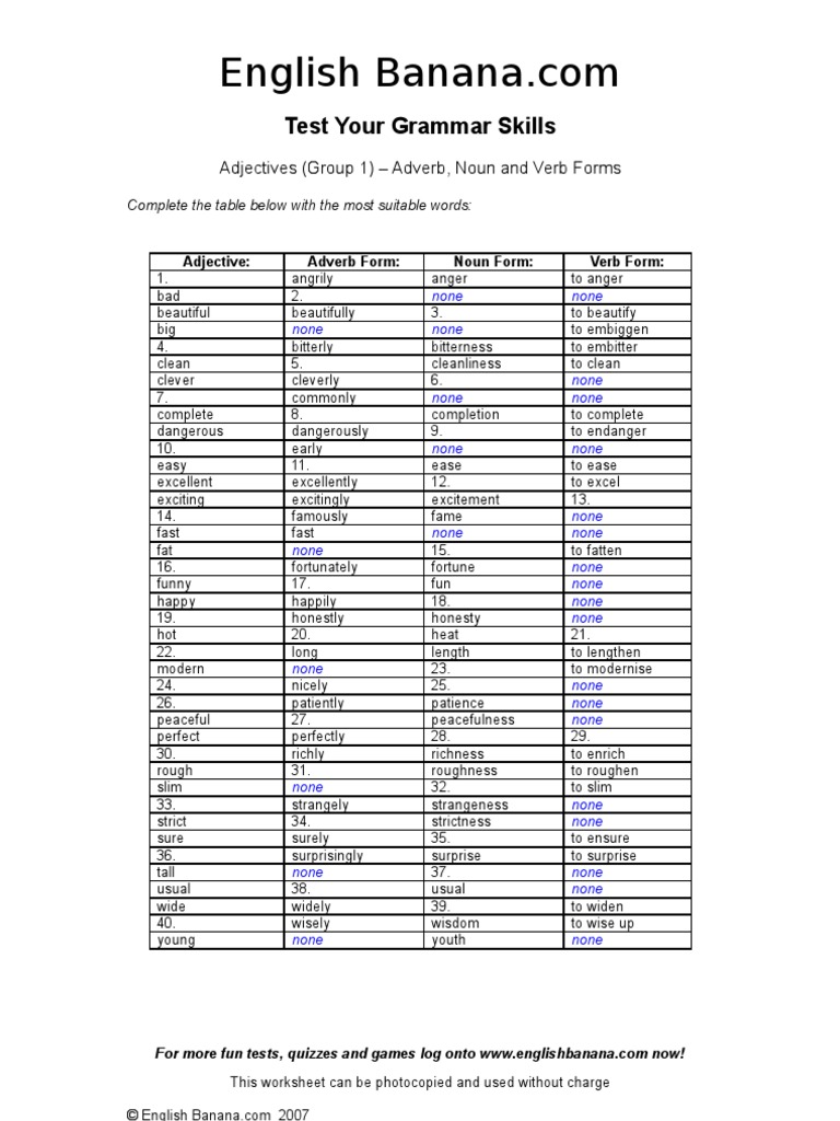 Adjectives Group 1 Adverb Noun and Verb Forms | Download Free PDF ...