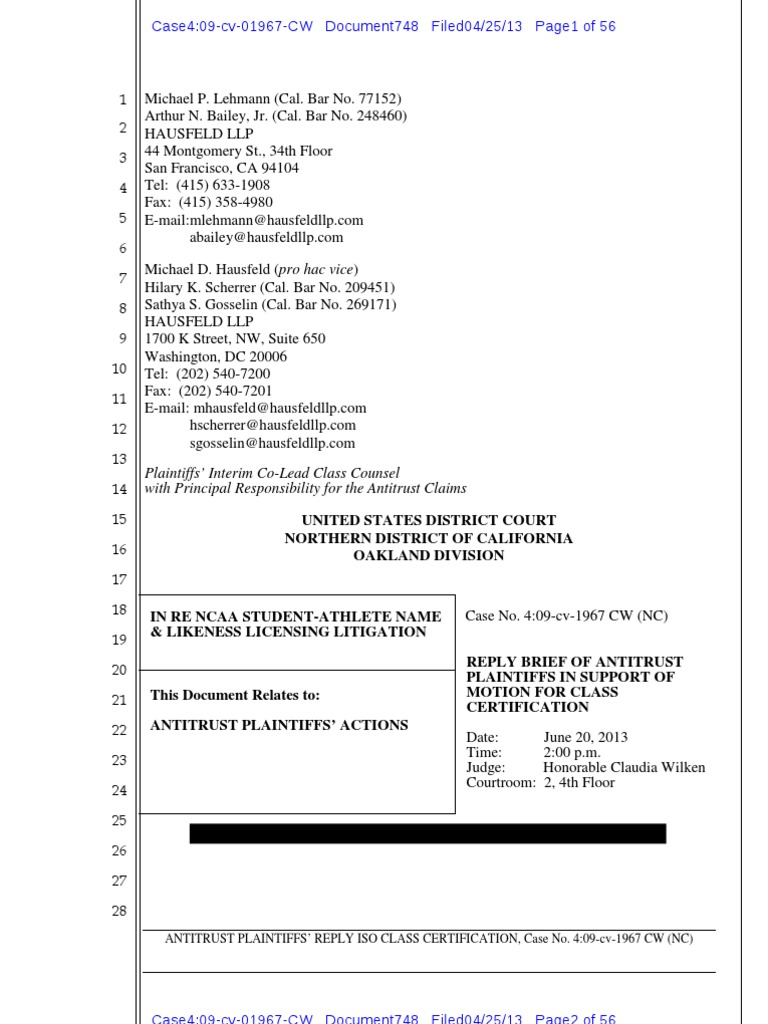 O'Bannon V NCAA - Reply Brief of Antitrust Plaintiffs in Support of ...