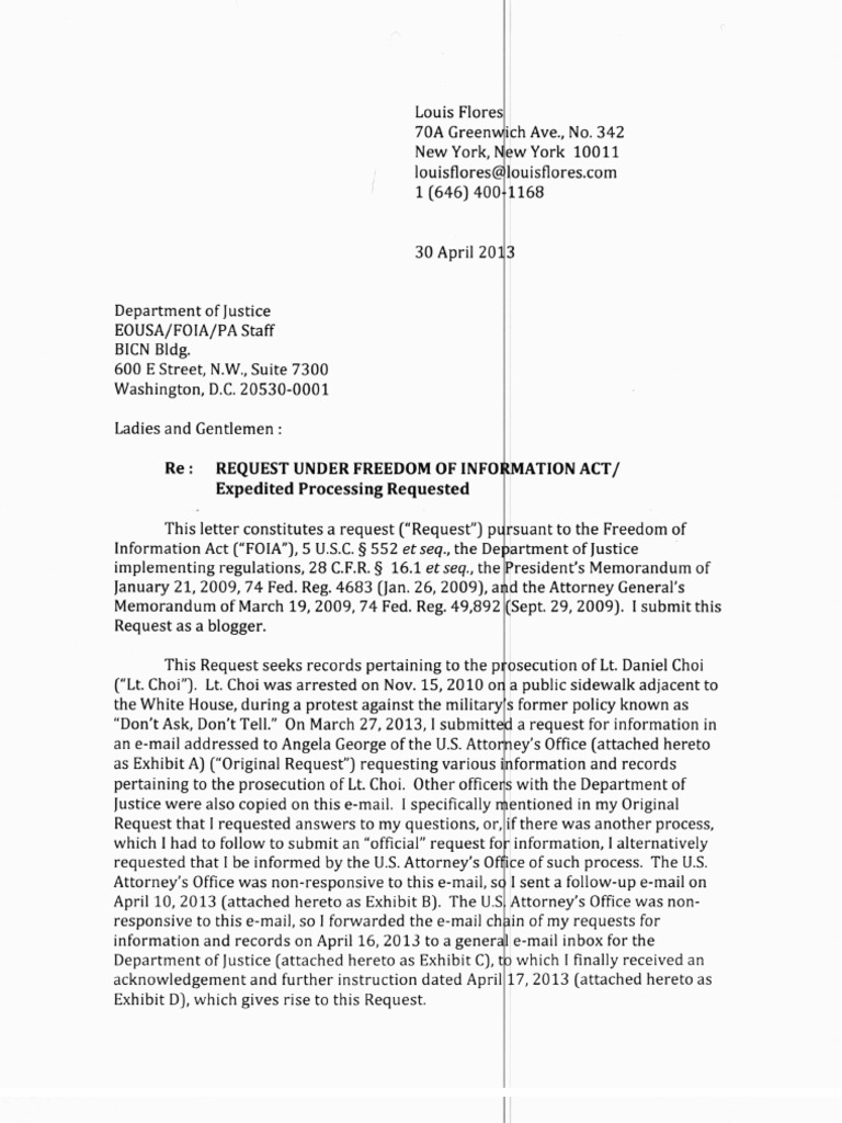 2013-04-30 LT Daniel Choi DOJ FOIA Request Louis Flores | PDF