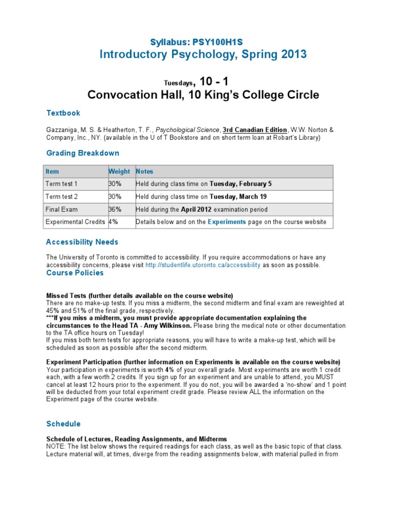 Psy100 Syllabus | PDF | Test (Assessment) | Psychology
