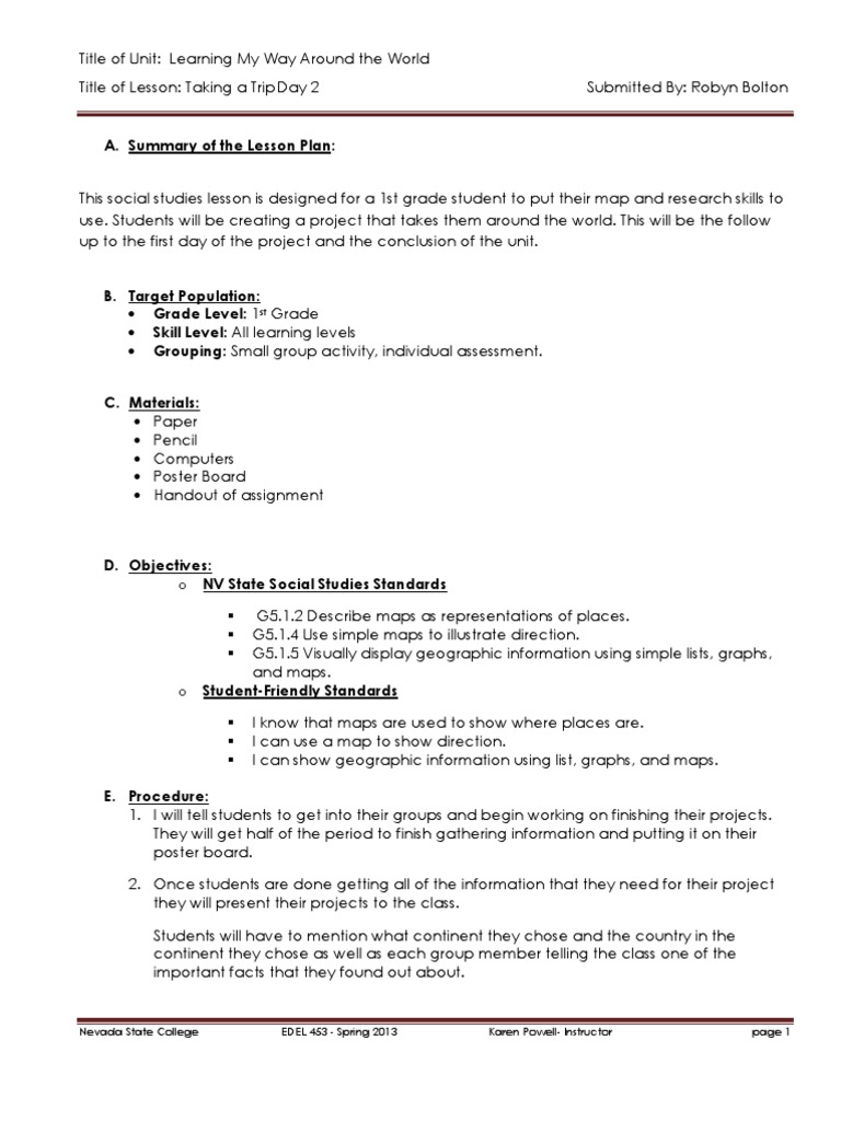 1st Grade World Map Lesson Plan | PDF | Quiz | Educational Psychology