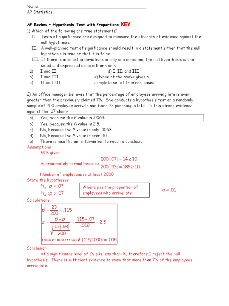 AP Stats Hypothesis Testing Review | PDF | P Value | Statistical ...