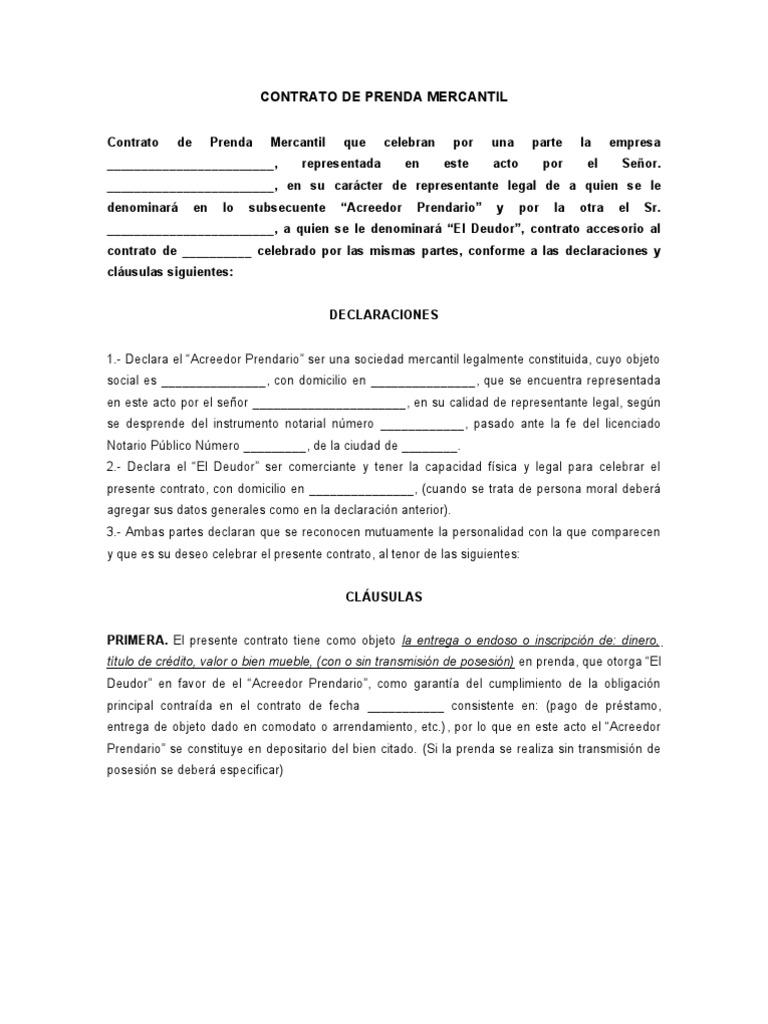Modelo de Contrato de Prenda Mercantil | PDF