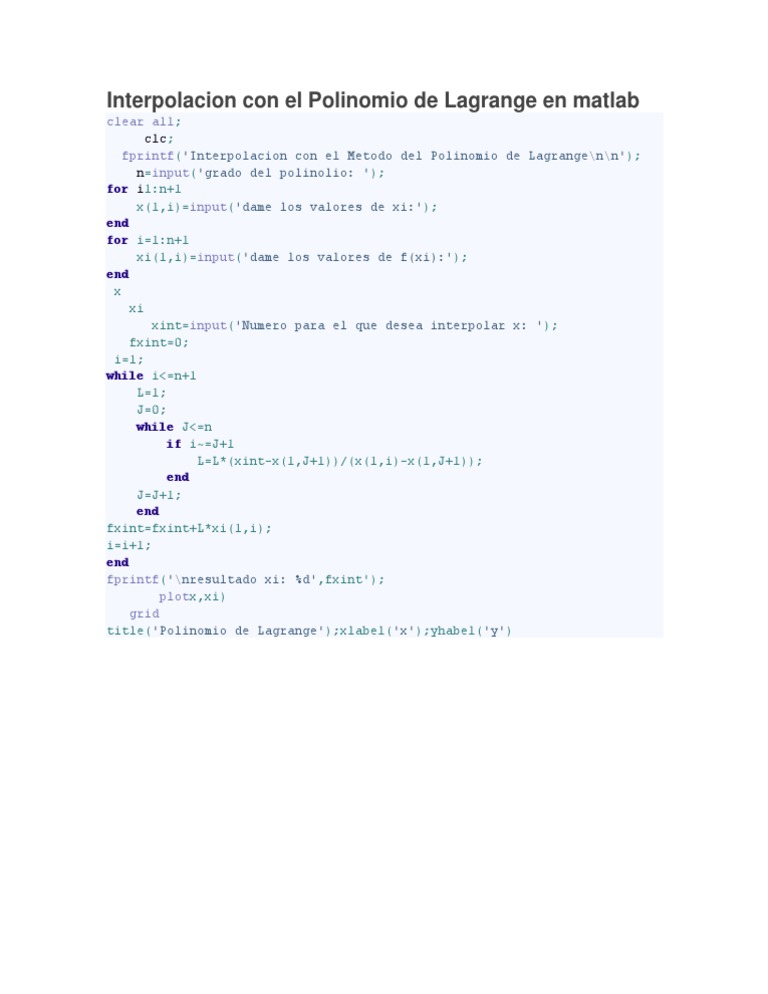 Interpolacion Con El Polinomio de Lagrange en Matlab | PDF