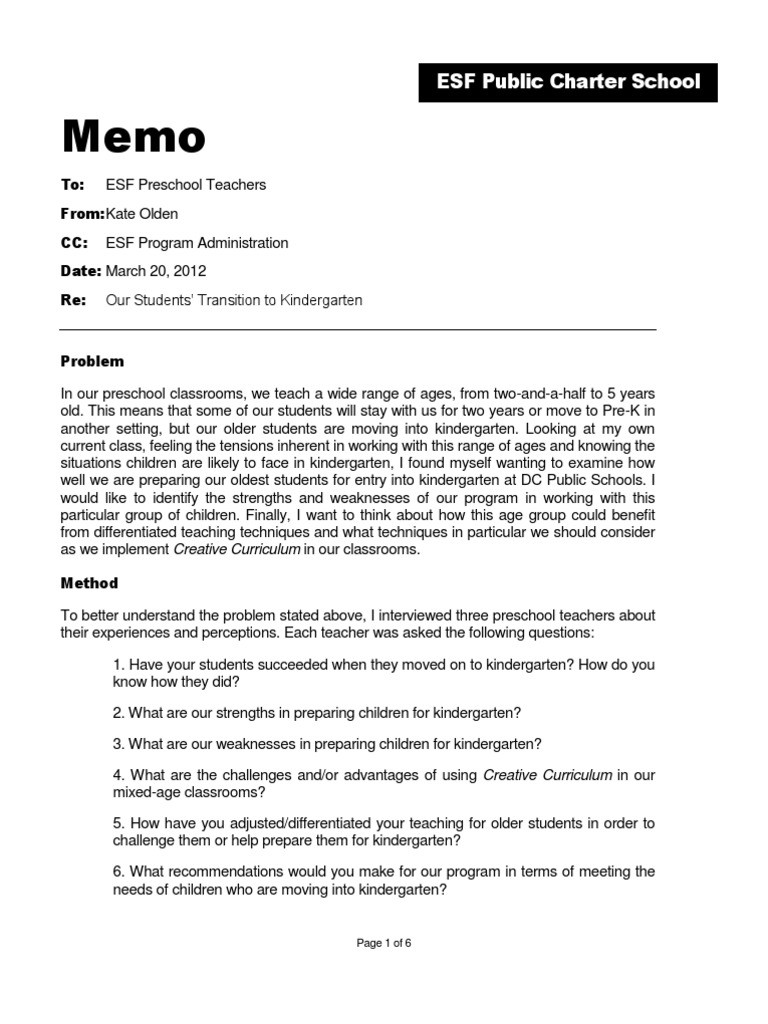 Memo Regarding Transition To Kindergarten | PDF | Teachers | Curriculum