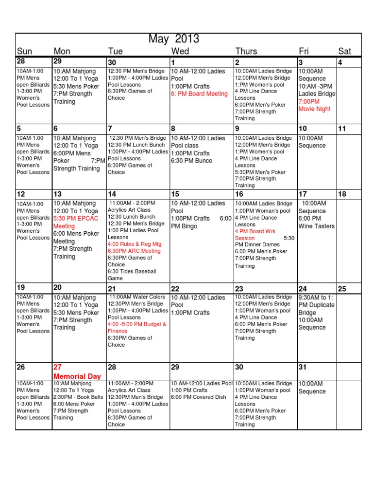 Weekly Activity Schedule for May 2013 | PDF | Sports & Recreation
