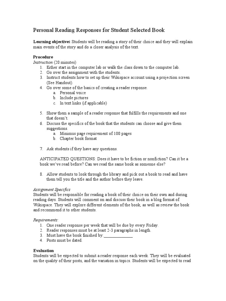 Personal Reading Responses For Student Selected Book | PDF