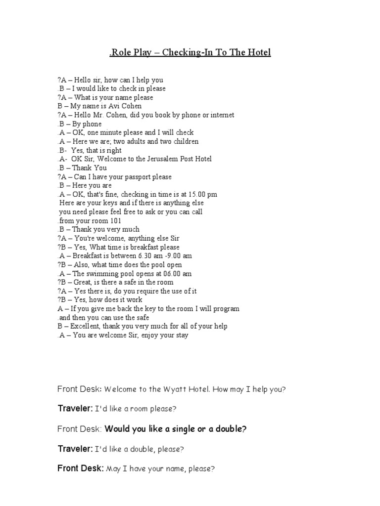 Hotel Check-In Role Play Script | PDF
