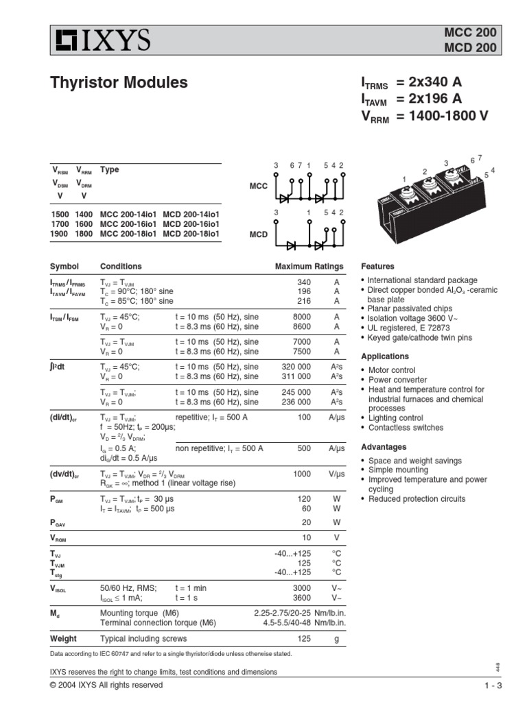 MCC200 - Thyristor Modules | PDF | Electricity | Electrical Components