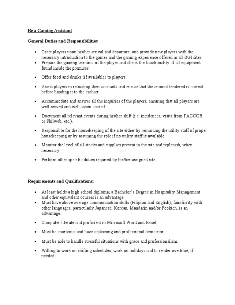 Gaming Assistant Job Duties | PDF
