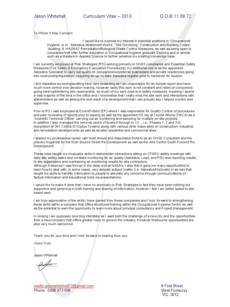 Jason Whitehall CV and Cover Letter - 2013 Generic Canvassing CV | PDF ...