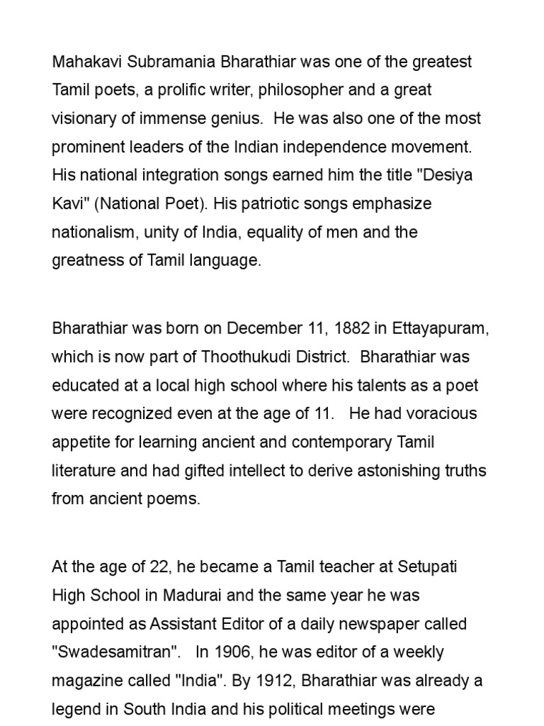 Subramania Bharathiar: Life & Legacy | PDF