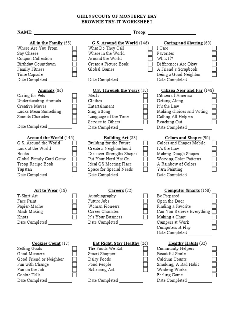 Brownie G.S. Try-It Worksheet | PDF | Puppets | Scouting